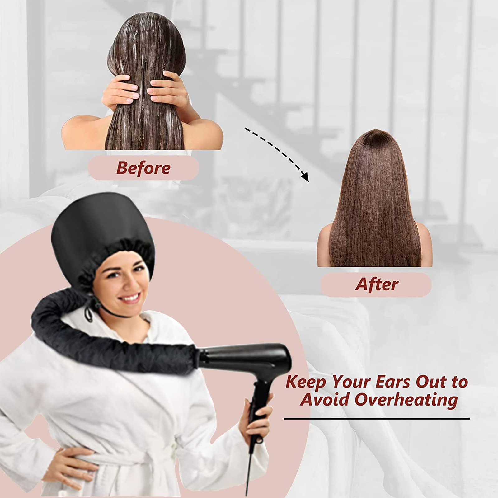 Hair Dryer Bonnet Attachment,Adjustable Portable Soft Steam Cap for Hair Drying Styling Curling Deep Cap head 40cm,cap circumferenc 82cm,cap tail 105cm