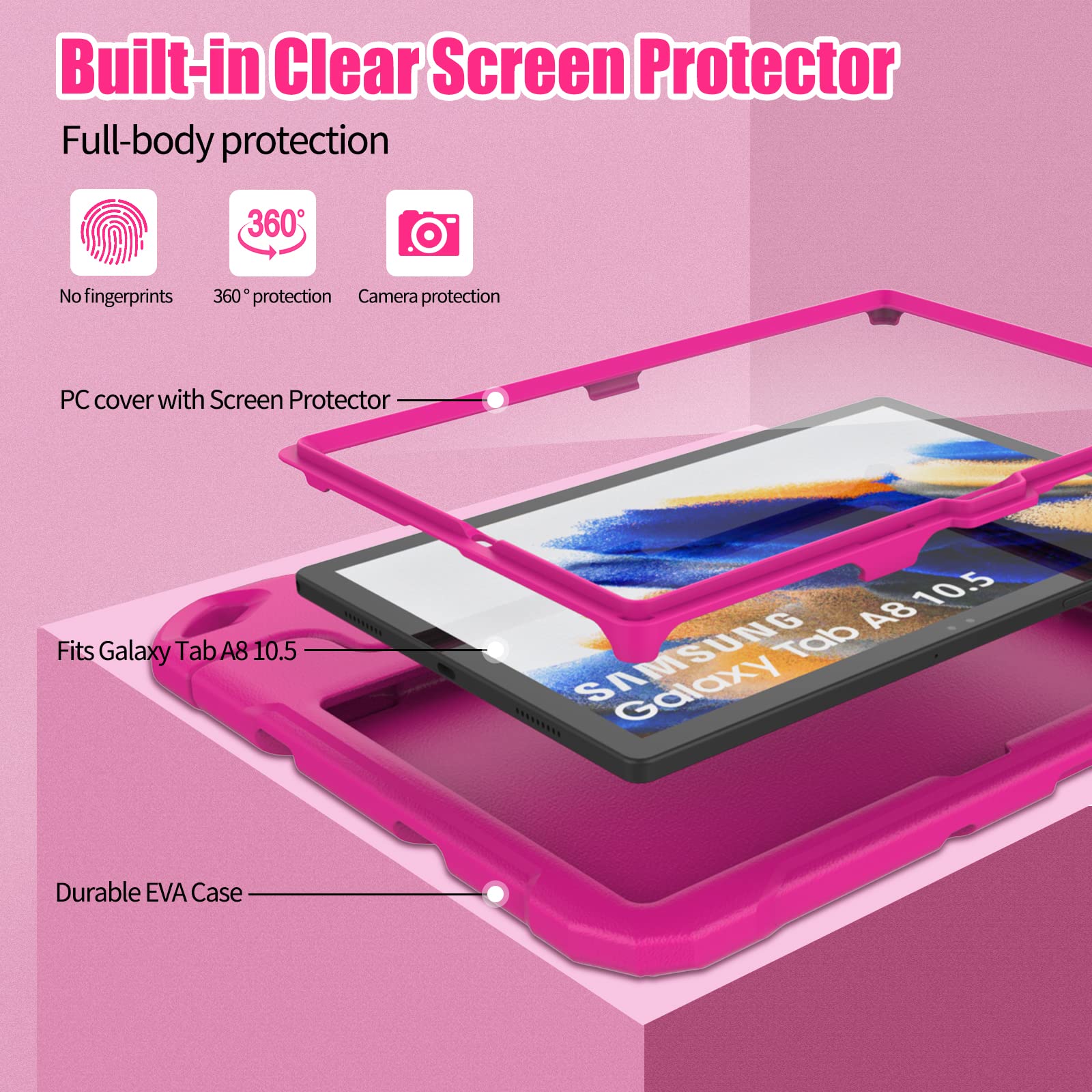 RTOBX Kids Case for Samsung Galaxy Tab A8 10.5 Inch 2022, Galaxy Tab A8 Case with Screen Protector, Shockproof Handle Stand Case for Samsung Galaxy Tab A8 10.5” 2022 (SM-X200/SM-X205/SM-X207), Pink