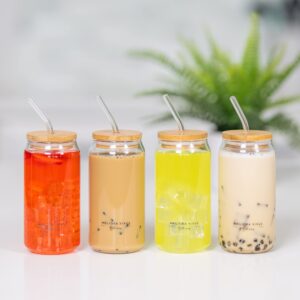 Meliora Vivus | 4pcs Glass Cups with Bamboo Lids and Glass Straws | 20 oz drinking glasses | Beer/Soda Can Shaped Cup Set | Cute Glasses Ideal for Iced Coffee, Beer, Wine, Soda, or Water.