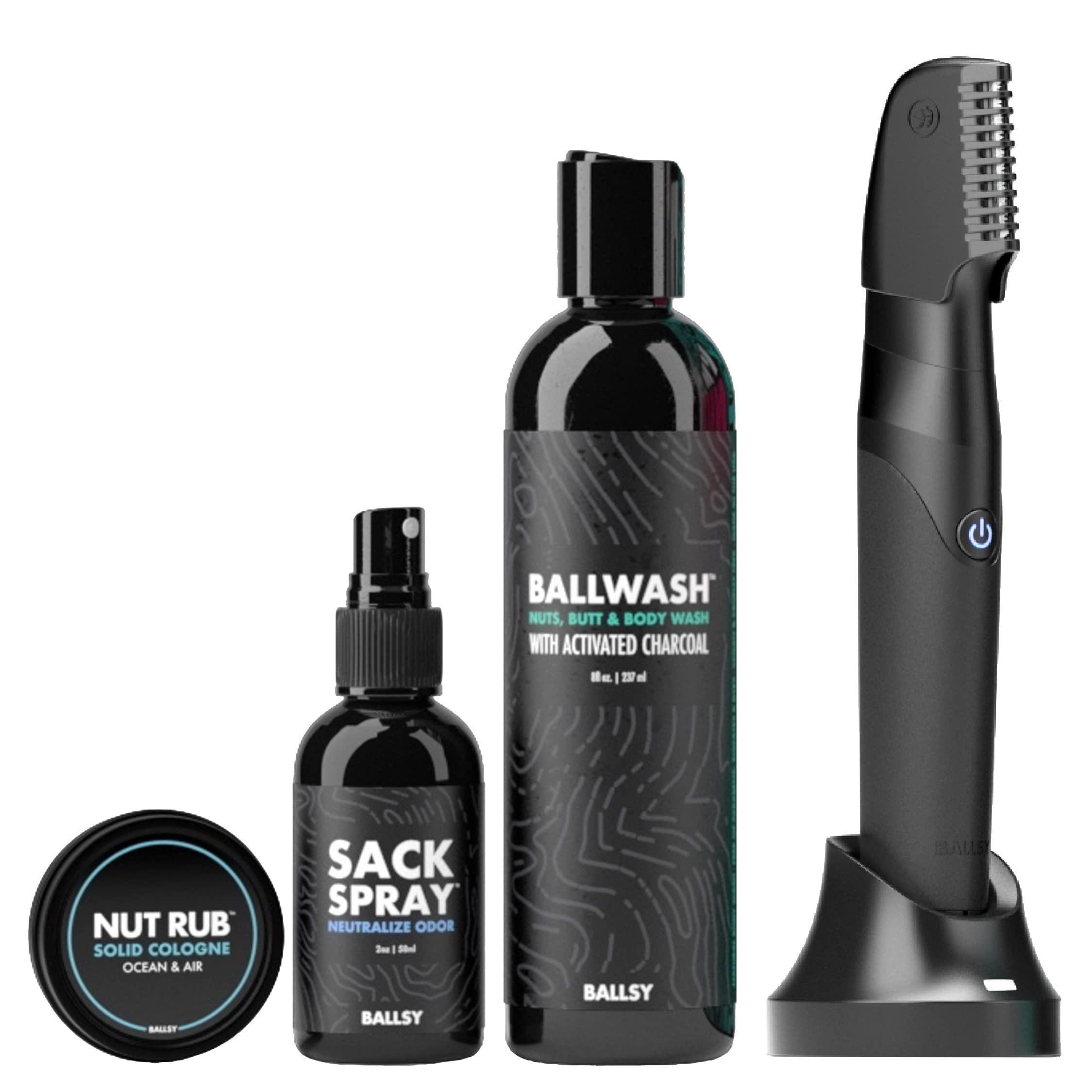 Ballsy B2 Trimmer and Nuts About You Sack Pack Bundle, Complete Grooming Set for Men; Waterproof and Rechargeable Balls & Body Groomer, Ballwash (8 Oz), Sack Spray (2 Oz) and Nut Rub (0.85 Oz), Ocean