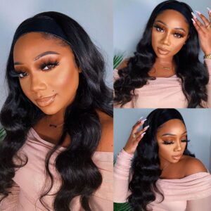 Feibin Headband Wig Human Hair Wigs for Black Women Human Hair Headband Wig Body Wave 14 Inch Wear and Go Wigs Glueless Human Hair Wig Machine Made None Lace Front Wig Natural Black Color 150% Density