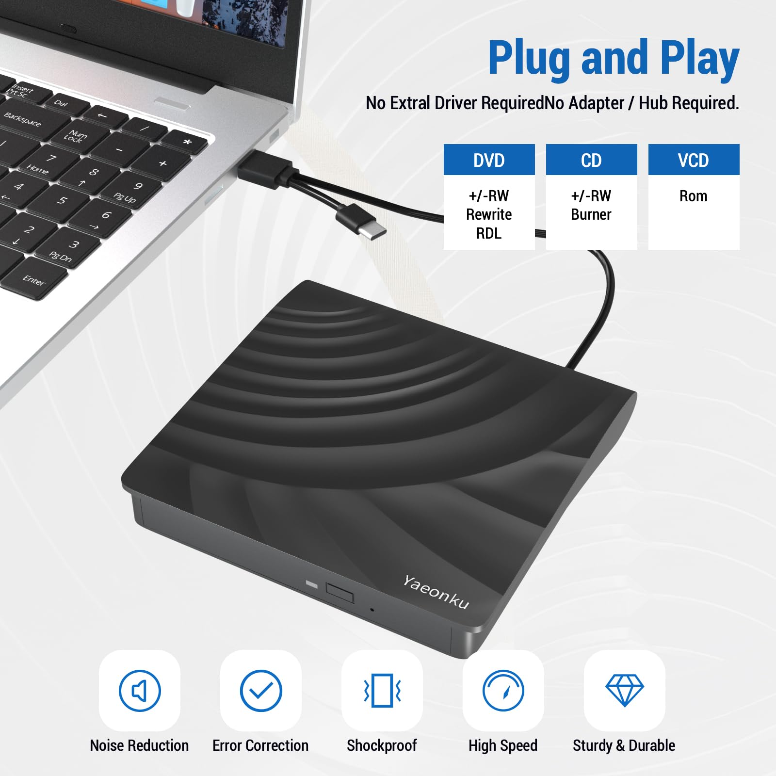 Yaeonku External CD DVD Drive, USB 3.0 Type-C Portable CD DVD +/-RW Drive, DVD/CD ROM Rewriter Burner, Compatible with Laptop PC Windows Linux Mac OS