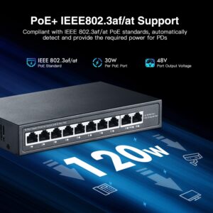 YuLinca 10 Port Mini Gigabit PoE Switch with 8 PoE+ Port, 2 Gigabit RJ45 Uplink, 10/100/1000Mbps, IEEE802.3af/at, Max 120W, Metal Fanless Plug & Play Ethernet Switch