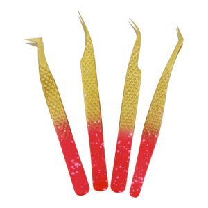 hadiz set of 4 fiber tip diamond grip eyelash extensions tweezers japanese stainless steel lash tweezer volume & classic eyelash extensions lash applicator tool(gold red)