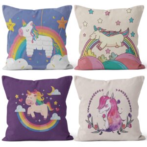 yeele rainbow unicorn pillow covers, set of 4 cartoon pink rainbow fairy tale stars magic unicorn pattern cushion case with invisible zipper 18x18inch for kids boys girls room sofa decor