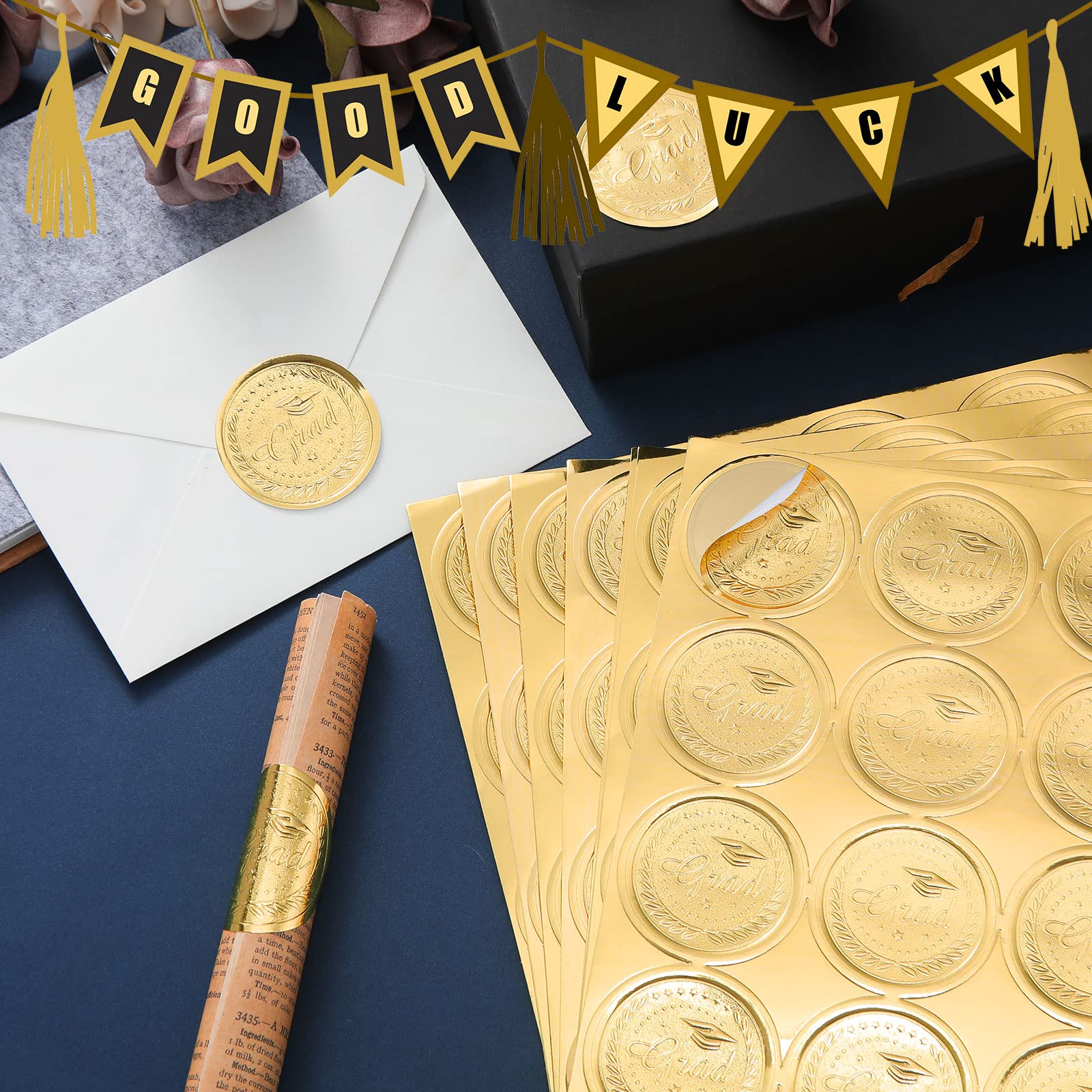 200 Pieces Embossed Graduation Cap Certificate Seals Gold Embossed Seals Grad Envelope Seal Stickers Foil Gold Certificate Stickers for Envelopes Diplomas Certificates Awards Graduation Invitation