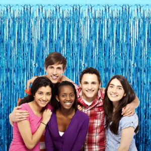 4 Pack Lake Blue Foil Fringe Curtain Backdrop, 3.28Ft x 8.2Ft Metallic Tinsel Foil Fringe Streamer Curtains for Photo Booth Props, Birthday, Wedding, New Year’s, Christmas Decorations Party Supplies