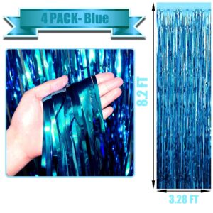 4 Pack Lake Blue Foil Fringe Curtain Backdrop, 3.28Ft x 8.2Ft Metallic Tinsel Foil Fringe Streamer Curtains for Photo Booth Props, Birthday, Wedding, New Year’s, Christmas Decorations Party Supplies