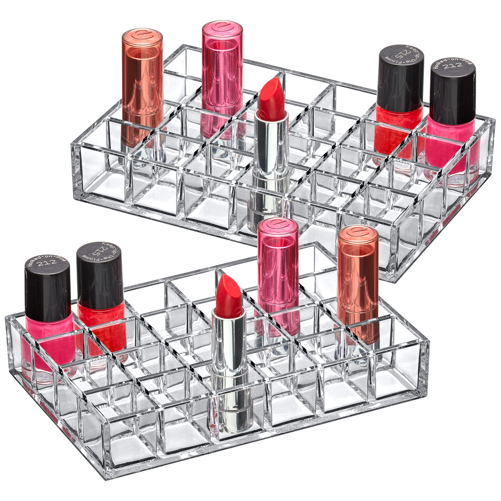 Amazing Abby - Allure - 2-Pack 24-Slot Acrylic Lipstick Organizer, Lipstick Holder, Lip Gloss Organizer, Cosmetic Storage Display, Perfect Storage Solution for Drawer, Vanity, Bathroom, and More