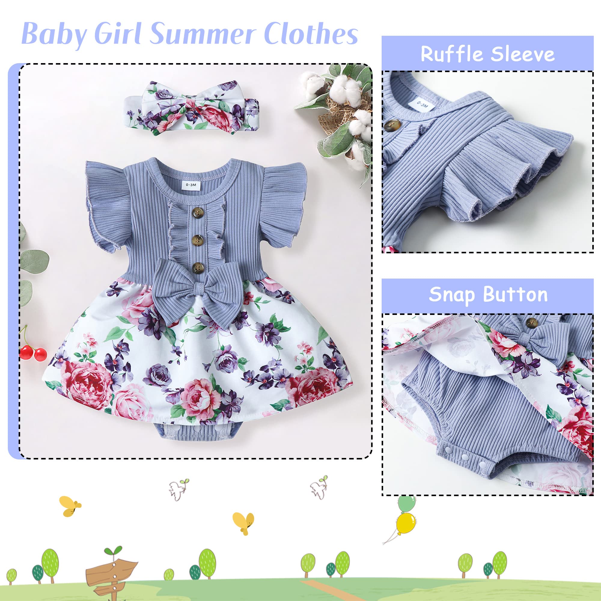 MBZJSDKHLK Newborn Baby Girl Clothes Romper Ruffle Short Sleeve Ribbed Tops Summer Infant Outfits Set Dress-Blue 3-6 Months