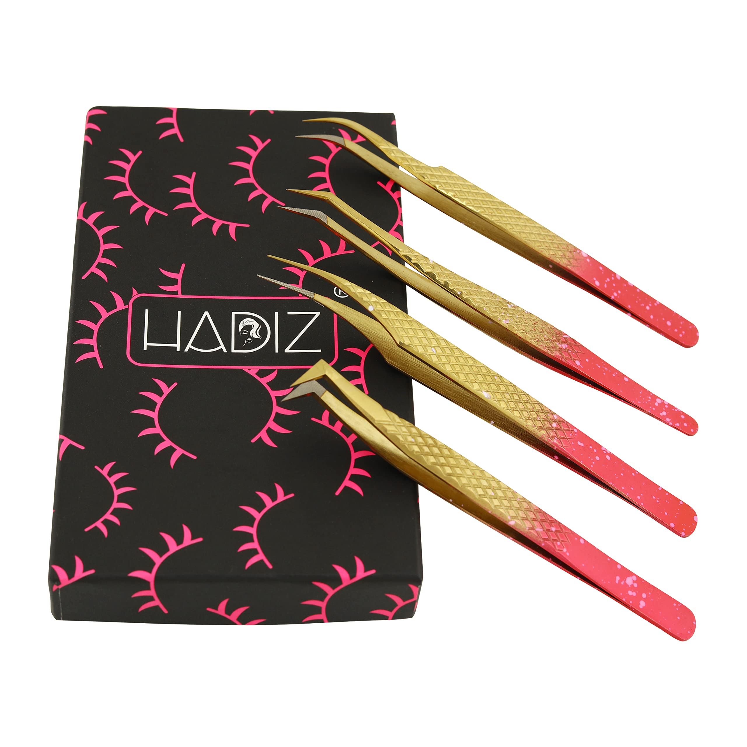 HADIZ Set of 4 Fiber Tip Diamond Grip Eyelash Extensions Tweezers Japanese Stainless Steel Lash Tweezer Volume & Classic Eyelash Extensions Lash Applicator Tool(Gold Red)