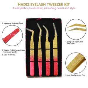 HADIZ Set of 4 Fiber Tip Diamond Grip Eyelash Extensions Tweezers Japanese Stainless Steel Lash Tweezer Volume & Classic Eyelash Extensions Lash Applicator Tool(Gold Red)