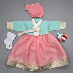 Hanbok Baby Girl Korea Traditional Clothing Dol Party Celebration 1st Birthday Ceremony Mint Coral OSMC01