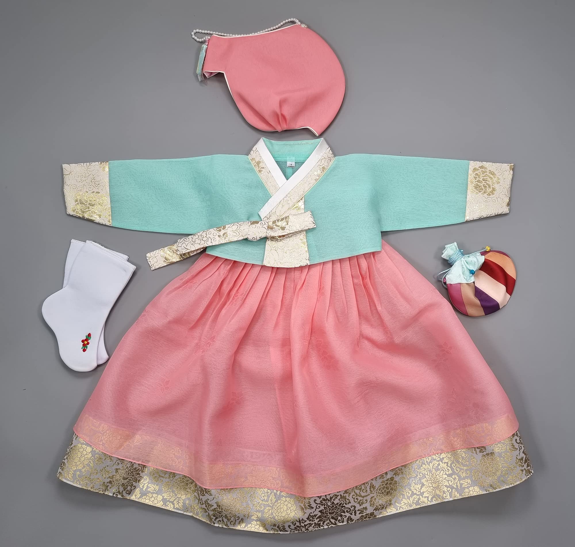 Hanbok Baby Girl Korea Traditional Clothing Dol Party Celebration 1st Birthday Ceremony Mint Coral OSMC01