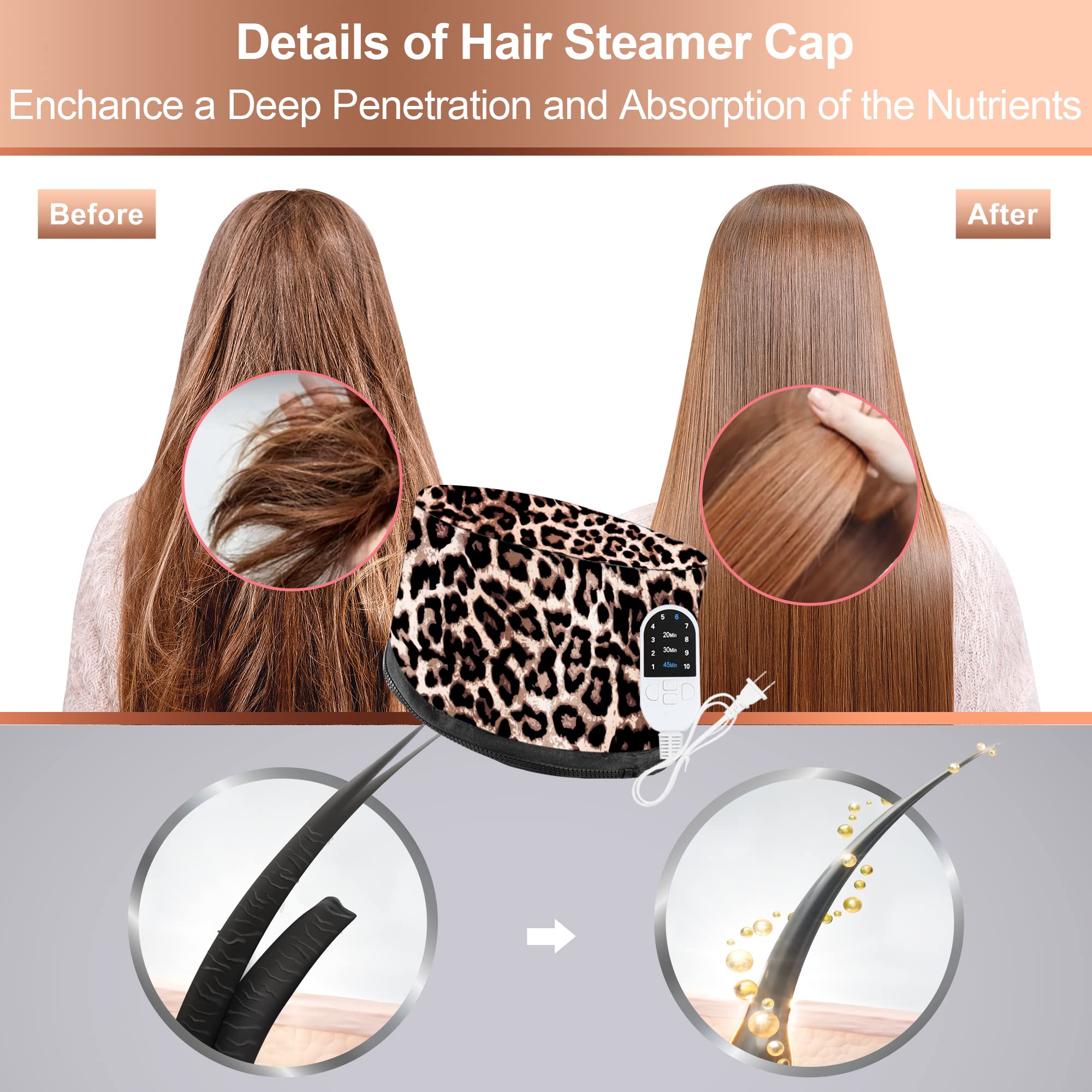 Heat Cap for Deep Conditioning, Ingeware Thermal Cap for Hair Steamer Cap for Natural Hair Portable Electric Heat Hair Spa Cap for Home Use Pattern (Leopard Print)