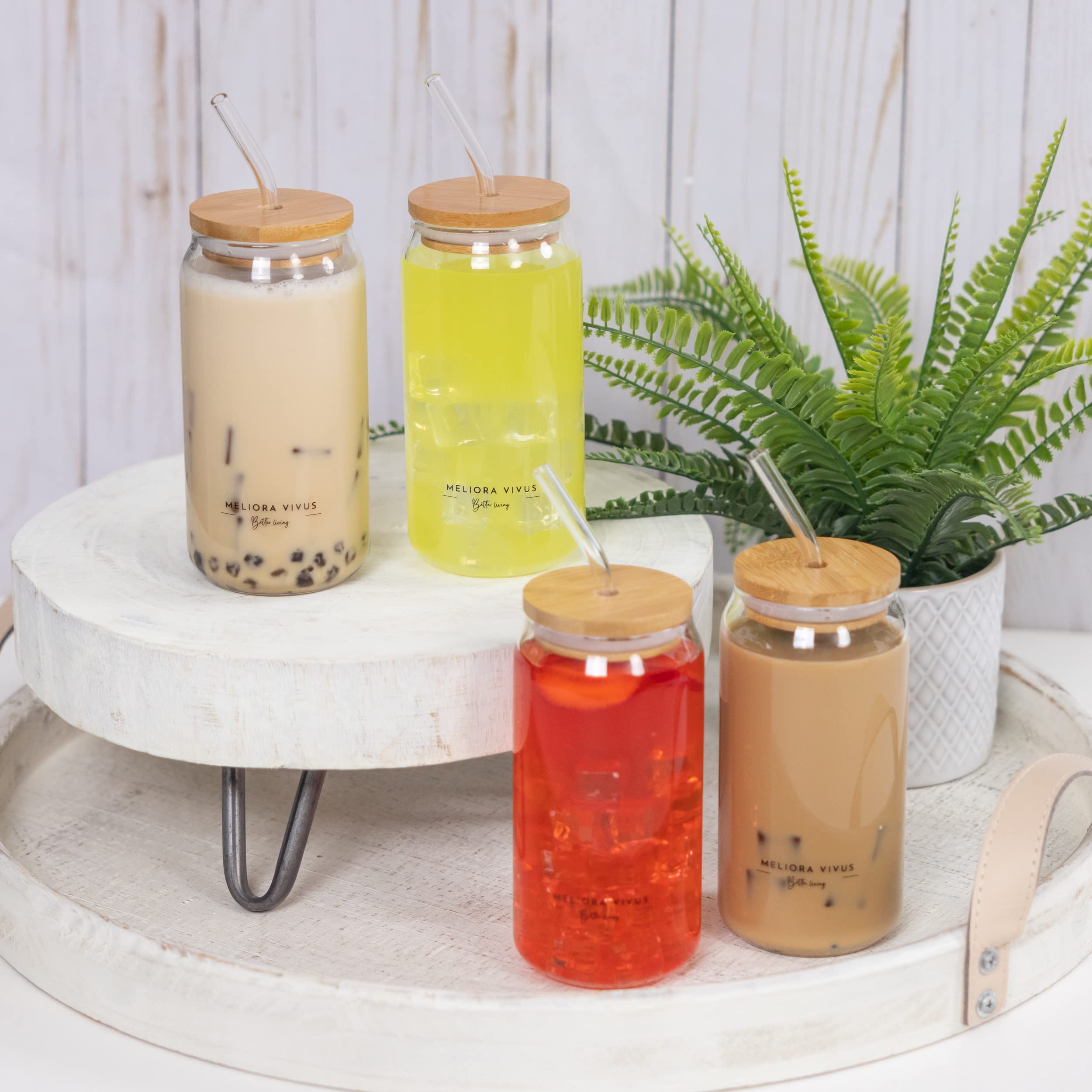 Meliora Vivus | 4pcs Glass Cups with Bamboo Lids and Glass Straws | 20 oz drinking glasses | Beer/Soda Can Shaped Cup Set | Cute Glasses Ideal for Iced Coffee, Beer, Wine, Soda, or Water.