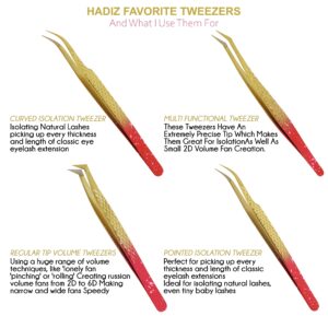 HADIZ Set of 4 Fiber Tip Diamond Grip Eyelash Extensions Tweezers Japanese Stainless Steel Lash Tweezer Volume & Classic Eyelash Extensions Lash Applicator Tool(Gold Red)