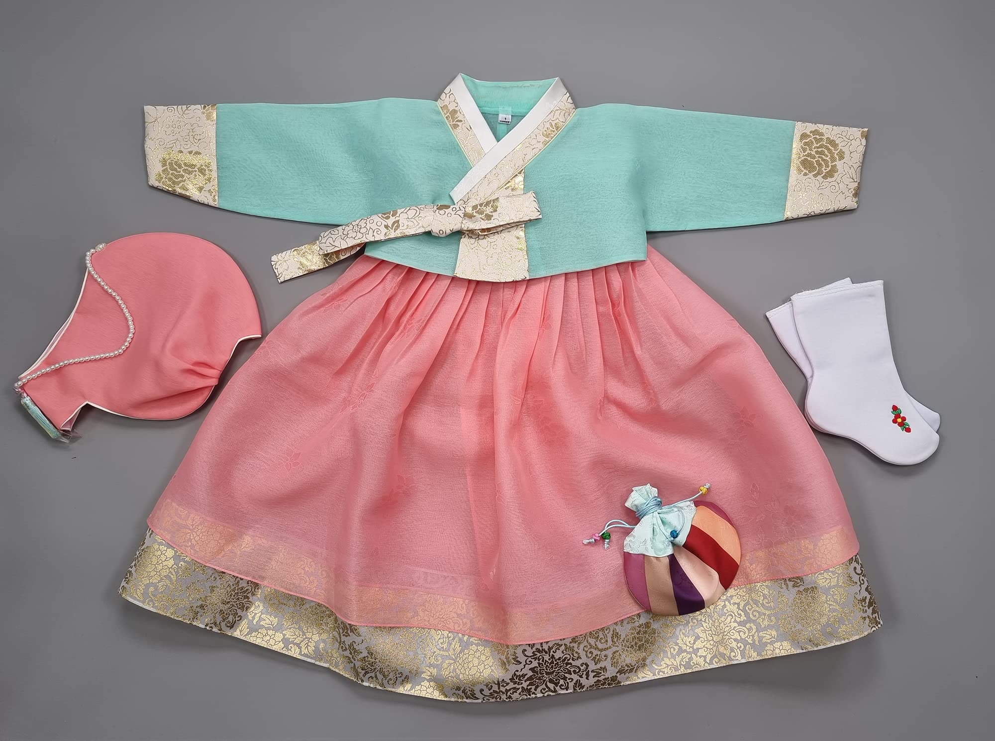 Hanbok Baby Girl Korea Traditional Clothing Dol Party Celebration 1st Birthday Ceremony Mint Coral OSMC01