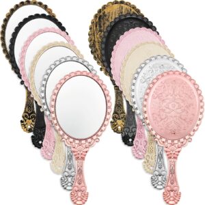 qunclay 12 pcs vintage handheld mirror, 9.8" l x 4.5" w small colorful embossed mirror portable cute princess mirrors compact travel mirror makeup mirror for classroom kids princess party favors