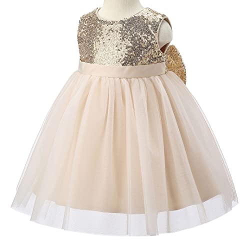 Bow Dream 2pcs Baby Girl Dresses Party Infant Birthday Gown for 0-24 Months Gold Sequin Champagne Tulle 3-6 Months