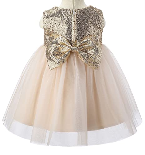 Bow Dream 2pcs Baby Girl Dresses Party Infant Birthday Gown for 0-24 Months Gold Sequin Champagne Tulle 3-6 Months