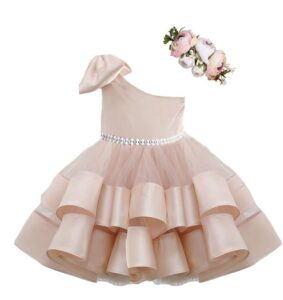 bow dream 2pcs baby girl dresses party infant birthday gown for 0-24 months gold sequin champagne tulle 3-6 months