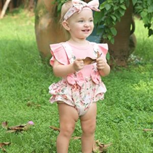 Kiluex Newborn Baby Girl Clothes Summer Romper Ruffle Sleeve One-Pieces Jumpsuits Bodysuit Infant Outfits with Headband (Pink, 3-6 Months)