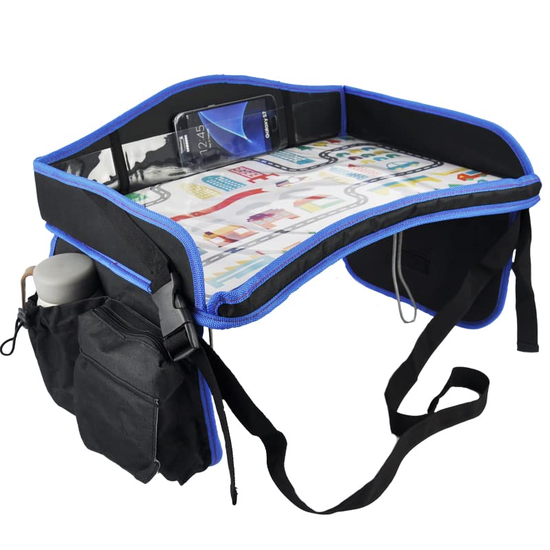 New Kids Travel Tray for Car Roadtrip, Fits in Airplane and Baby Carseats, Waterproof Top, Side Pockets & Bottle Holder, 16.9 x 12.6 Inches (Blue/Black)