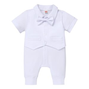 summer baptism outfits for boys baby boy gentleman suit christening outfit dedication white dress shirt romper bowtie infant baptismal outfit easter wedding tuxedo formal suit all white 3-6 months