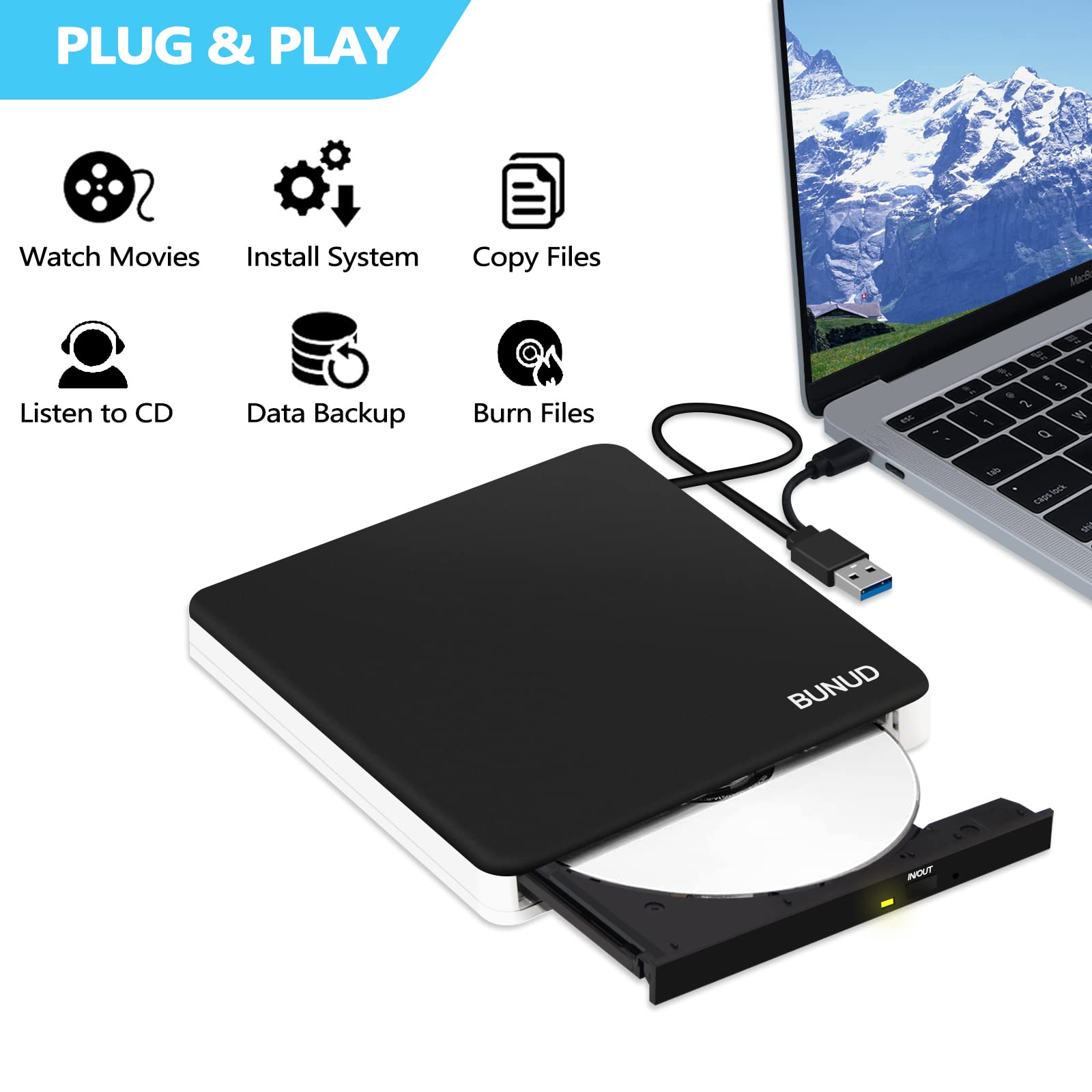 External CD DVD Drive, USB 3.0 DVD Drive External CD Burner for Laptoop with 2 USB and TF/SD Slots, Portable CD/DVD Reader Writer DVD Player for MacBook Mac PC Windows 11 Linux OS