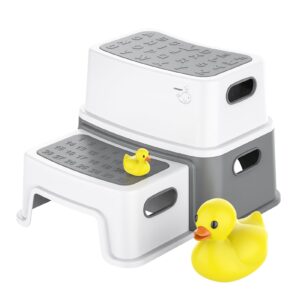 innowest step stool for kids (ducks included), 2 step stool for bathroom sink, anti-slip sturdy toilet potty training toddler stool with handles (grey)