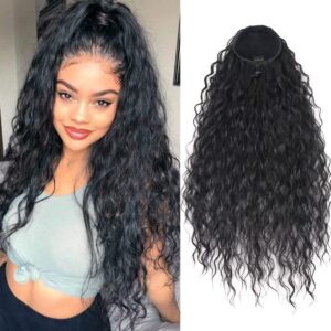 wavy curly drawstring ponytail extension, water wave wig for black women, kanekalon synthetic hair