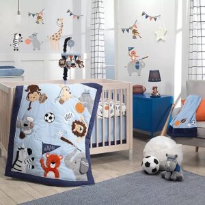 lambs & ivy sports fan 4-piece crib bedding set in blue safari animals