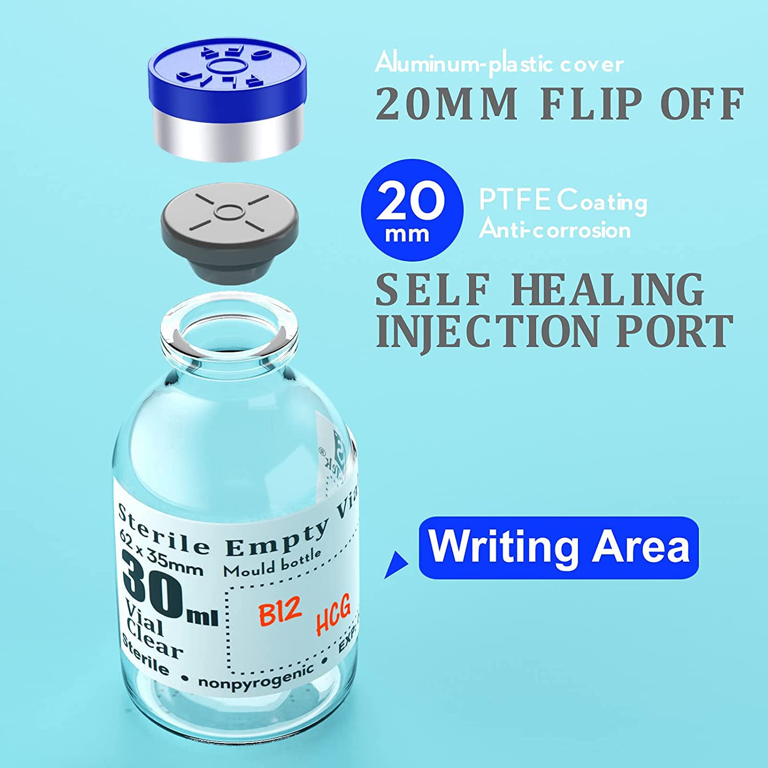 Biocomma 30ml 10pcs Sterile Empty Vial with Plastic Aluminum Flip Off Caps，Penicillin Bottle 20mm Crimp Top Sterile Transparent Borosilicate Lab Sample Vial (Transparent)