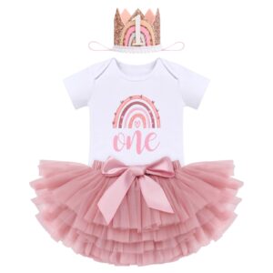 baby girls rainbow 1st birthday outfit romper tutu skirt with diaper cover tulle bloomers and crown headband 3pcs infant birthday cake smash coming home outfit for photo prop dusty pink + crown 1 year