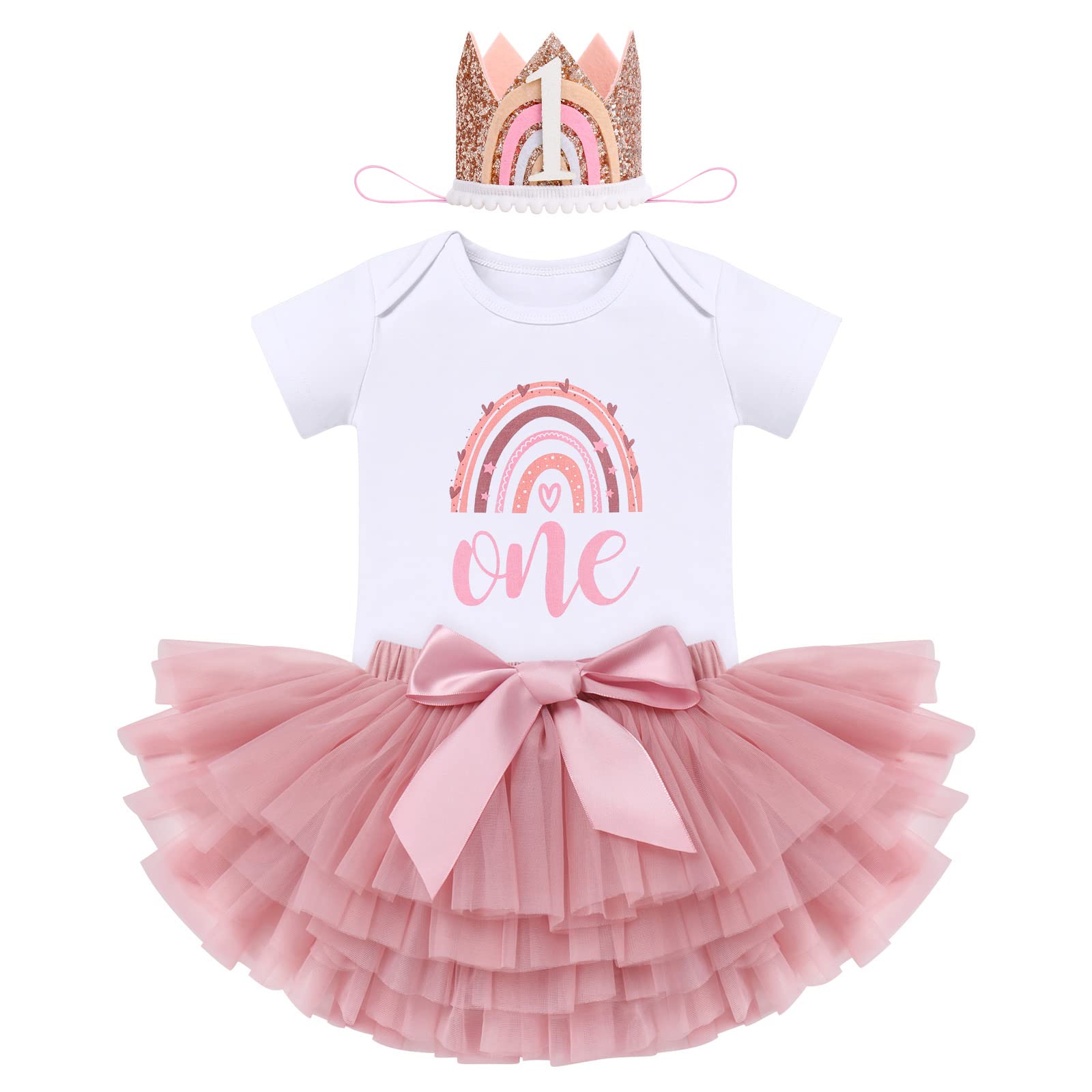 Baby Girls Rainbow 1st Birthday Outfit Romper Tutu Skirt with Diaper Cover Tulle Bloomers and Crown Headband 3PCS Infant Birthday Cake Smash Coming Home Outfit for Photo Prop Dusty Pink + Crown 1 Year