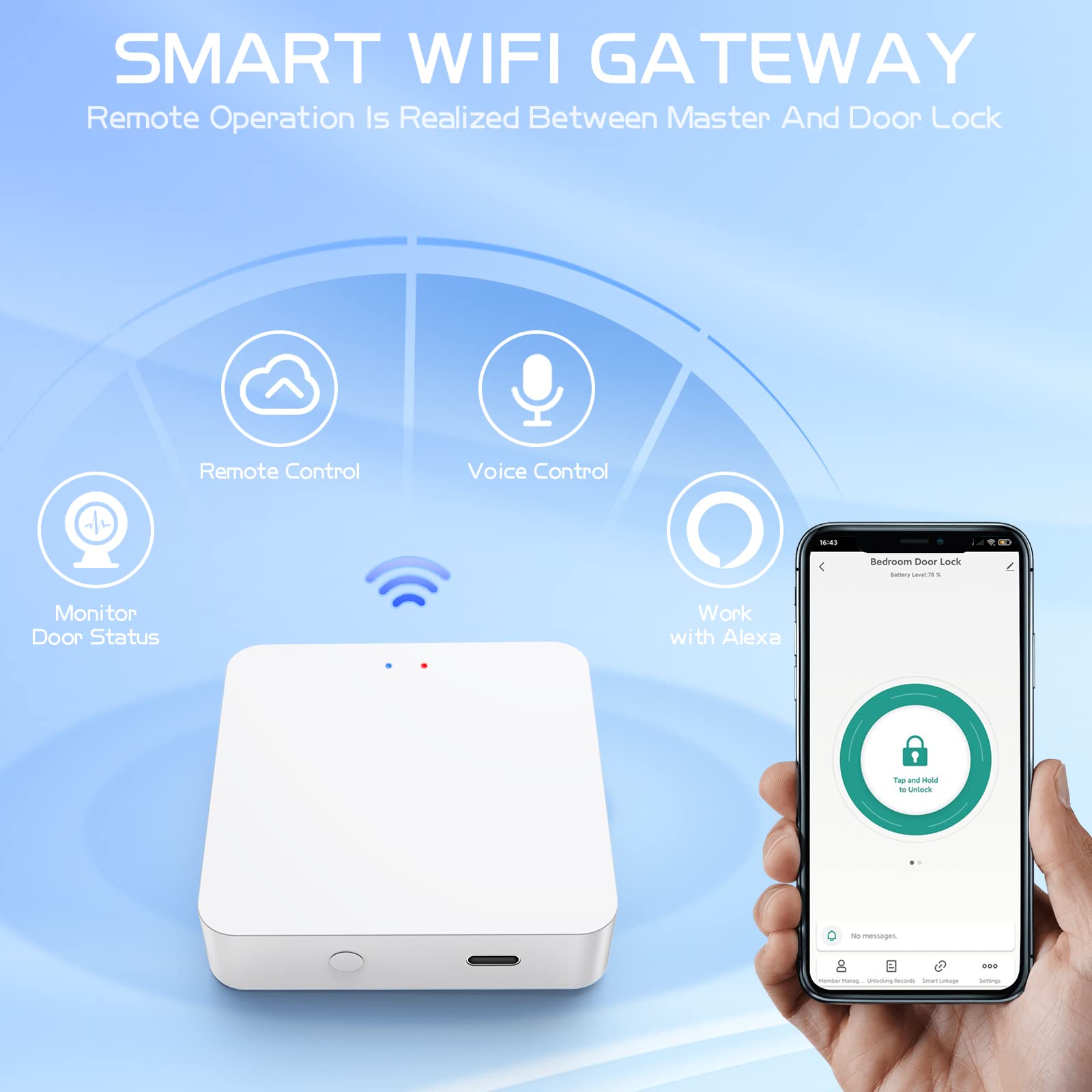 Gateway Remotely Control Smart Fingerprint Door Lock with Tuya App, Gateway Smart Hub Compatible with Alexa Voice Control,Electronic Lock Assemblies