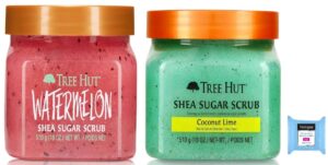 tree hut shea sugar body scrub, watermelon, coconut lime,18oz, 2pk, with single makeup remover wipe