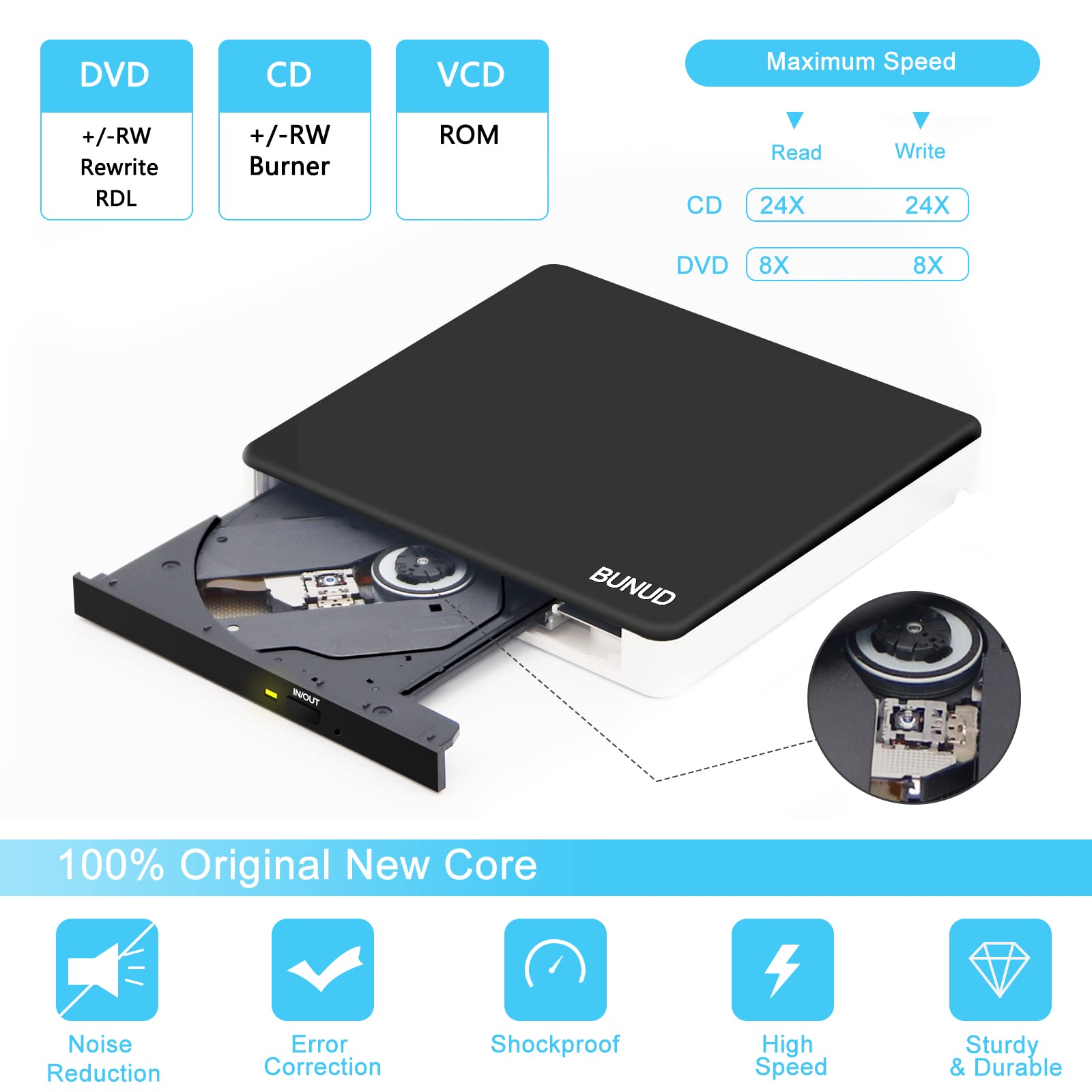 External CD DVD Drive, USB 3.0 DVD Drive External CD Burner for Laptoop with 2 USB and TF/SD Slots, Portable CD/DVD Reader Writer DVD Player for MacBook Mac PC Windows 11 Linux OS