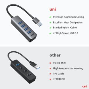 uni USB Hub 4-Port USB Splitter 4FT, High-Speed Portable Aluminum USB 3.0 Hub Compatible with PC, Laptops, Mouse, Keyboard, Flash Drive, Mobile HDD, Car, and More.