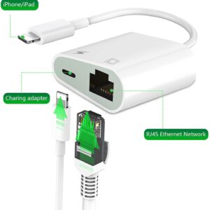 TOP-UP 2 in 1 Lightning to Ethernet Adapter - Lightning to RJ45 Ethernet LAN Network Adapter with Charge Port, Compatible with iPhone/iPad/iPod, Plug and Play, Supports 100Mbps Ethernet Network