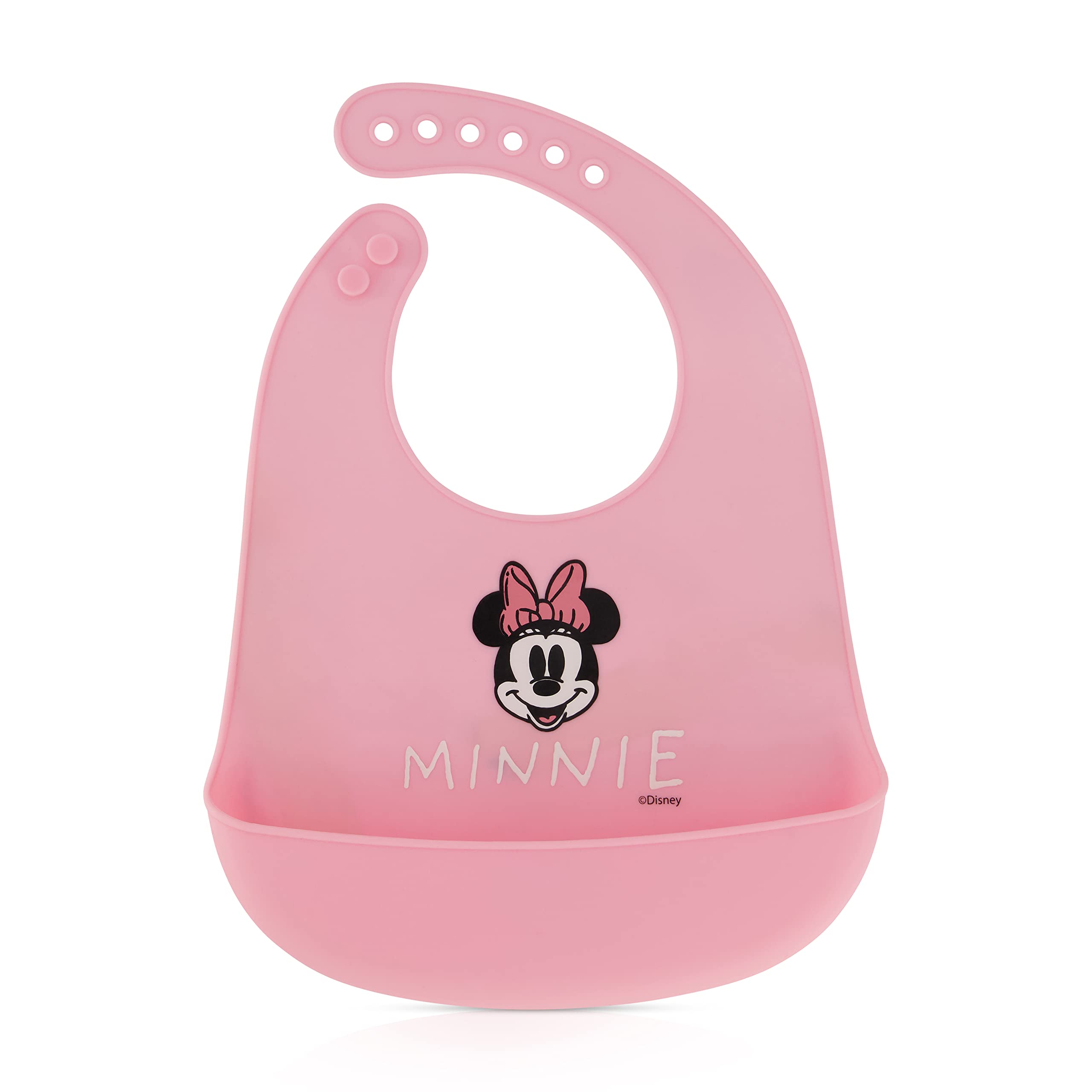 Disney Girls 2-Pack Baby & Toddler Silicone Bibs with Food Catcher, Soft Waterproof Minnie Mouse Feeding Accessories, Pink/Aqua