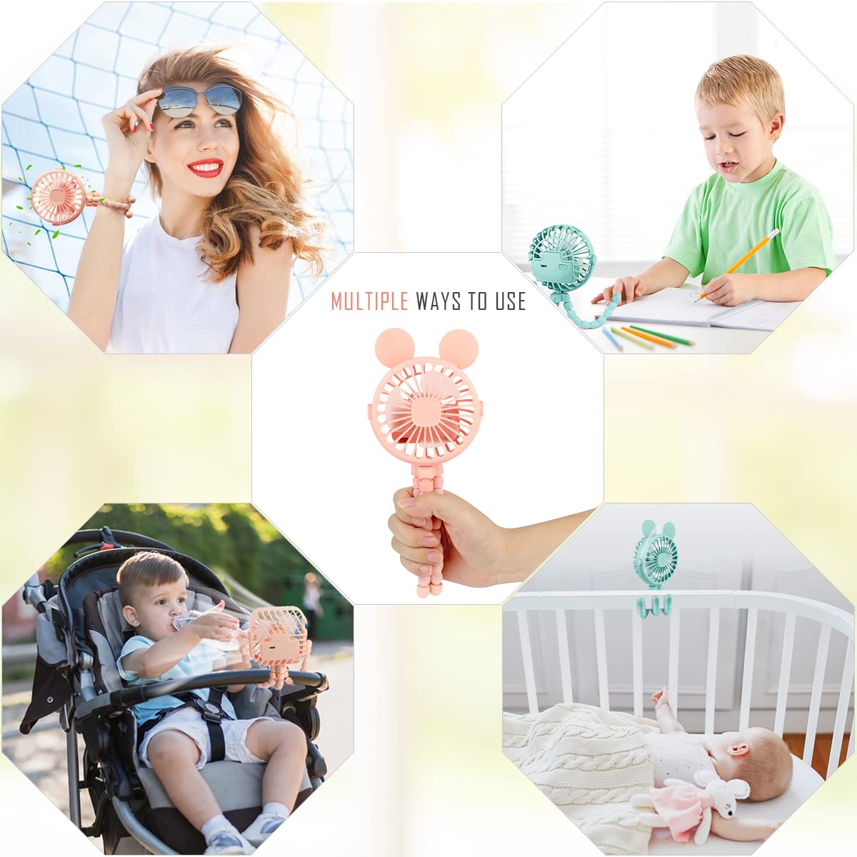 Keweis Stroller Fan Mini Handheld Octopus Fan Baby Fan with Flexible Tripod Wrapped on Stroller, Car Seat, Student Bed, Bike USB Rechargeable Fan, Desk Fan for Office and Baby Room or Outdoor