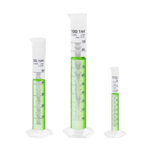 utile plastic graduated measuring cylinder set, 3 sizes 10ml 50ml and 100ml, pp material with hexagonal base and blue printed graduation, 4099.0015.1.