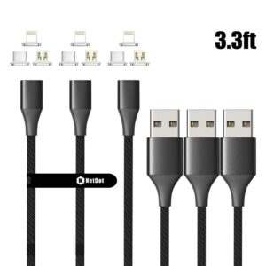 netdot gen10 3in1 nylon braided magnetic charging cable fast charging and data transfer for micro usb and usb c android smartphones and i-product (3.3ft / 3 pack, black)