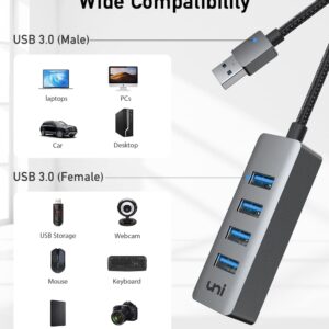 uni USB Hub 4-Port USB Splitter 4FT, High-Speed Portable Aluminum USB 3.0 Hub Compatible with PC, Laptops, Mouse, Keyboard, Flash Drive, Mobile HDD, Car, and More.