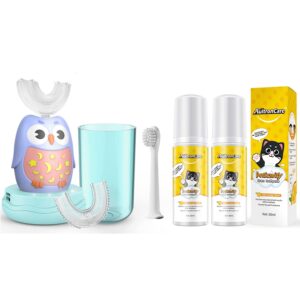 auitroncare 2pack kids toothbrush electric and foam toothpaste kids,toddler electric toothbrush ultrasonic toothbrush with 3 brushing heads and cup