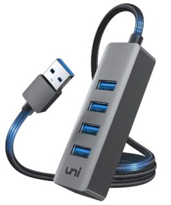 uni usb hub 4-port usb splitter 4ft, high-speed portable aluminum usb 3.0 hub compatible with pc, laptops, mouse, keyboard, flash drive, mobile hdd, car, and more.