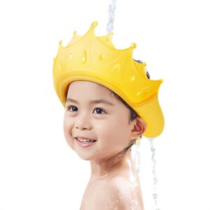 baby shower cap crown, hair washing hat for toddlers, shower face shields, bath visor for toddlers, make hair washing so much easier & less stressful, yellow