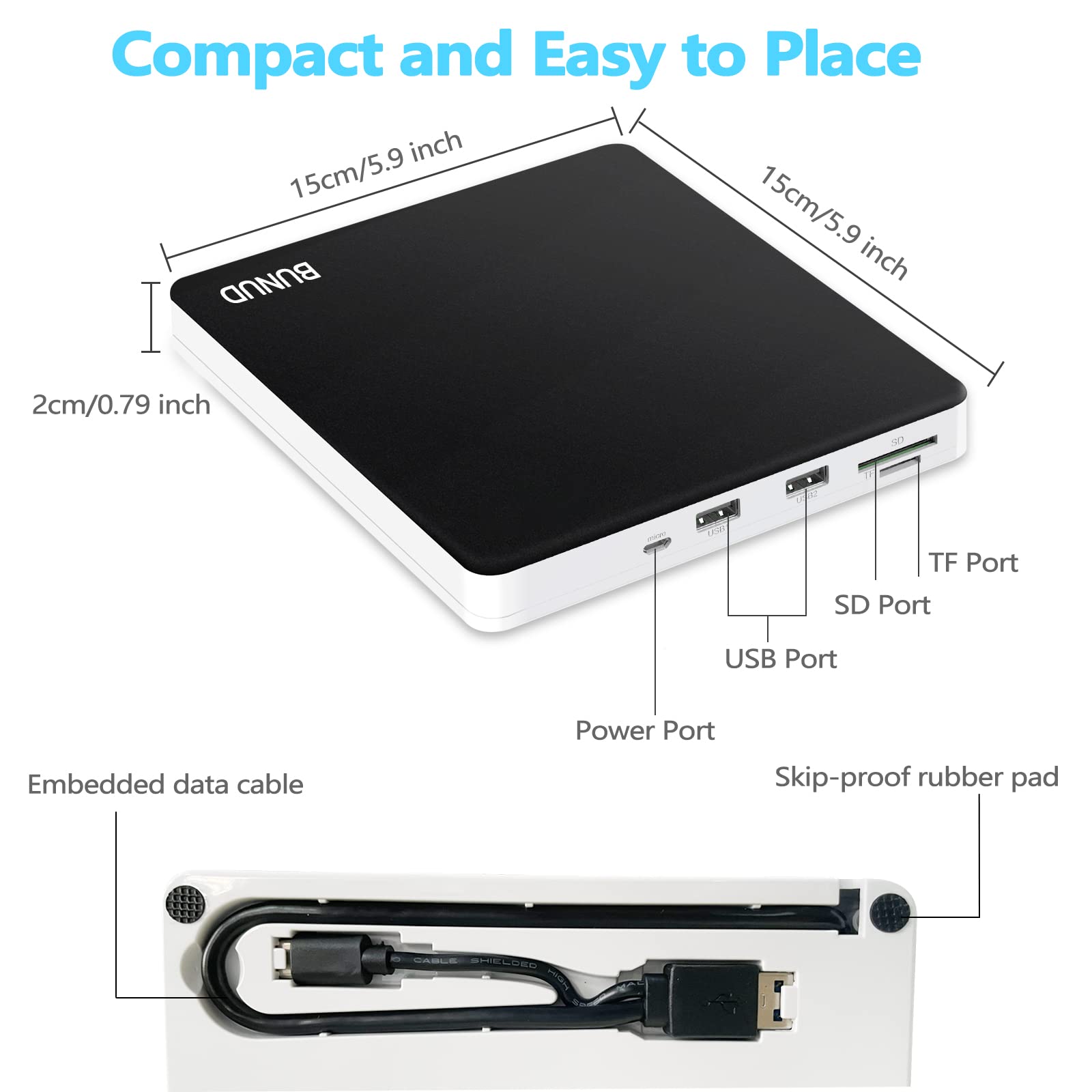 External CD DVD Drive, USB 3.0 DVD Drive External CD Burner for Laptoop with 2 USB and TF/SD Slots, Portable CD/DVD Reader Writer DVD Player for MacBook Mac PC Windows 11 Linux OS